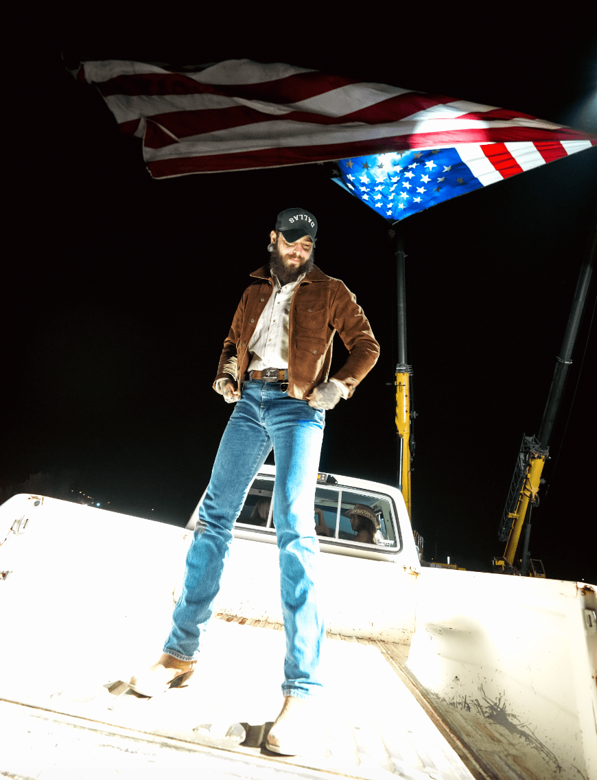 Post Malone, Standing in Truck Bed with American Flag