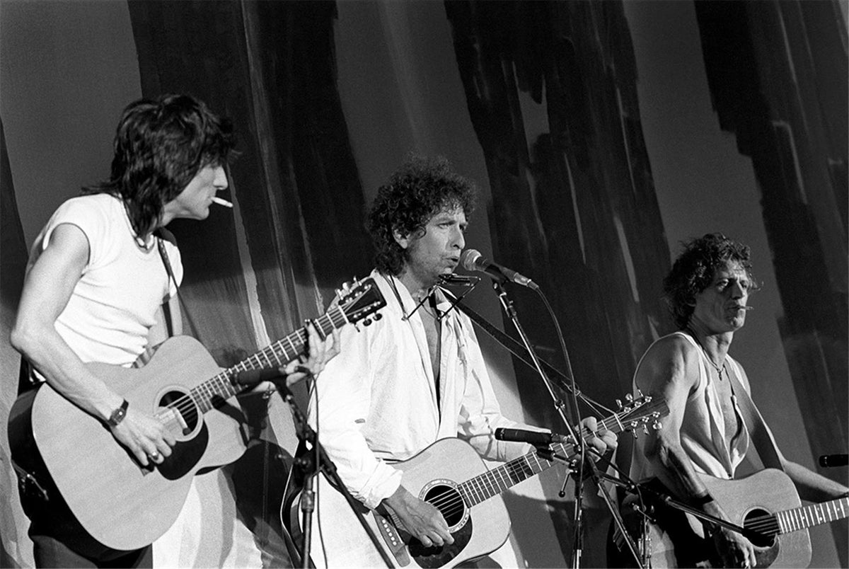 Ron Wood, Bob Dylan, and Keith Richards, Live Aid, JFK Stadium, Philad